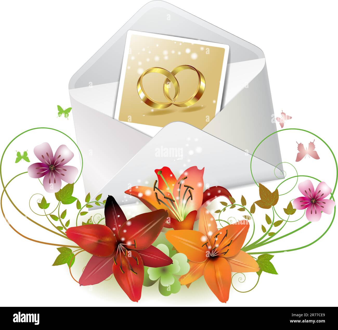 Envelope with photo of two wedding ring and decorated flowers isolated ...