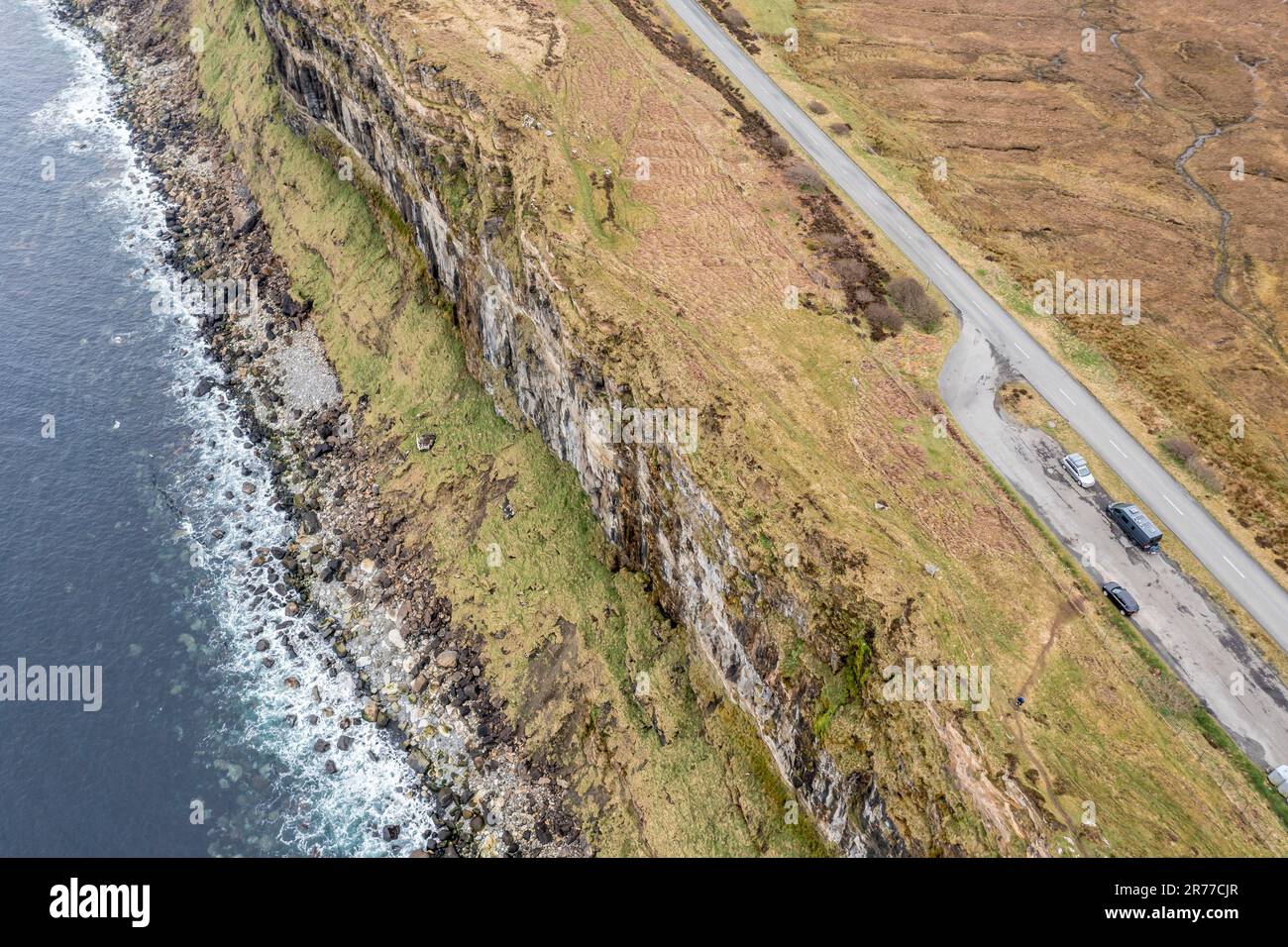 Aerial view of basalt cliff near Staffin, Isle of Skye, Scotland, UK ...