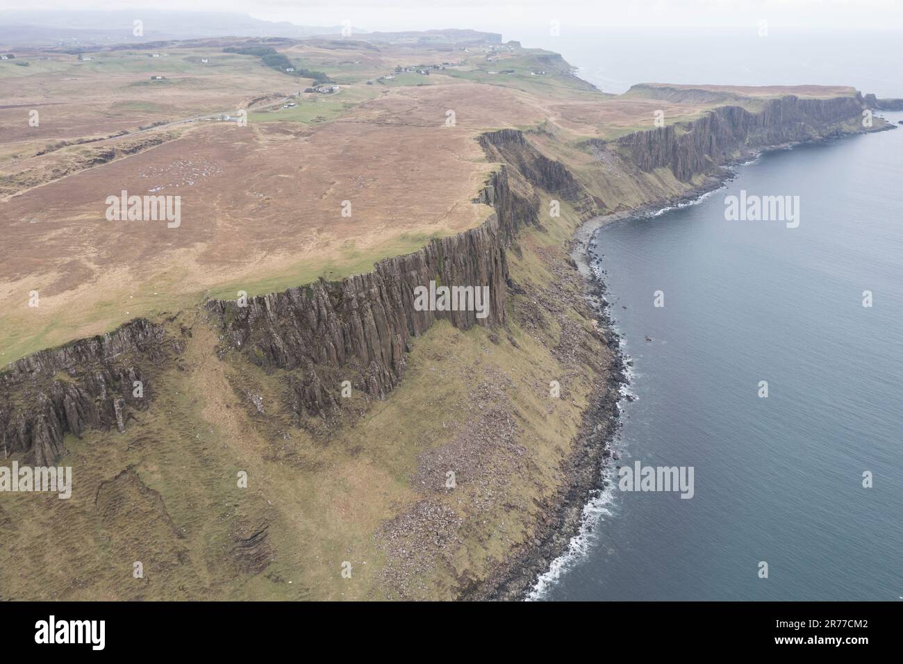 Aerial view of basalt cliff near Staffin, Isle of Skye, Scotland, UK ...