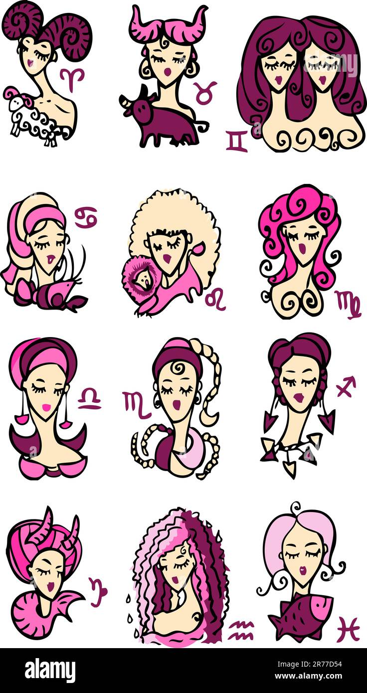 Horoscope woman Symbols, pink Astrology vector set 1 Stock Vector Image ...