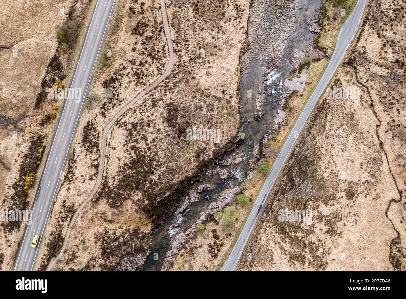 Top down view of road, path and river in the Glen Coe valley, Scotland ...