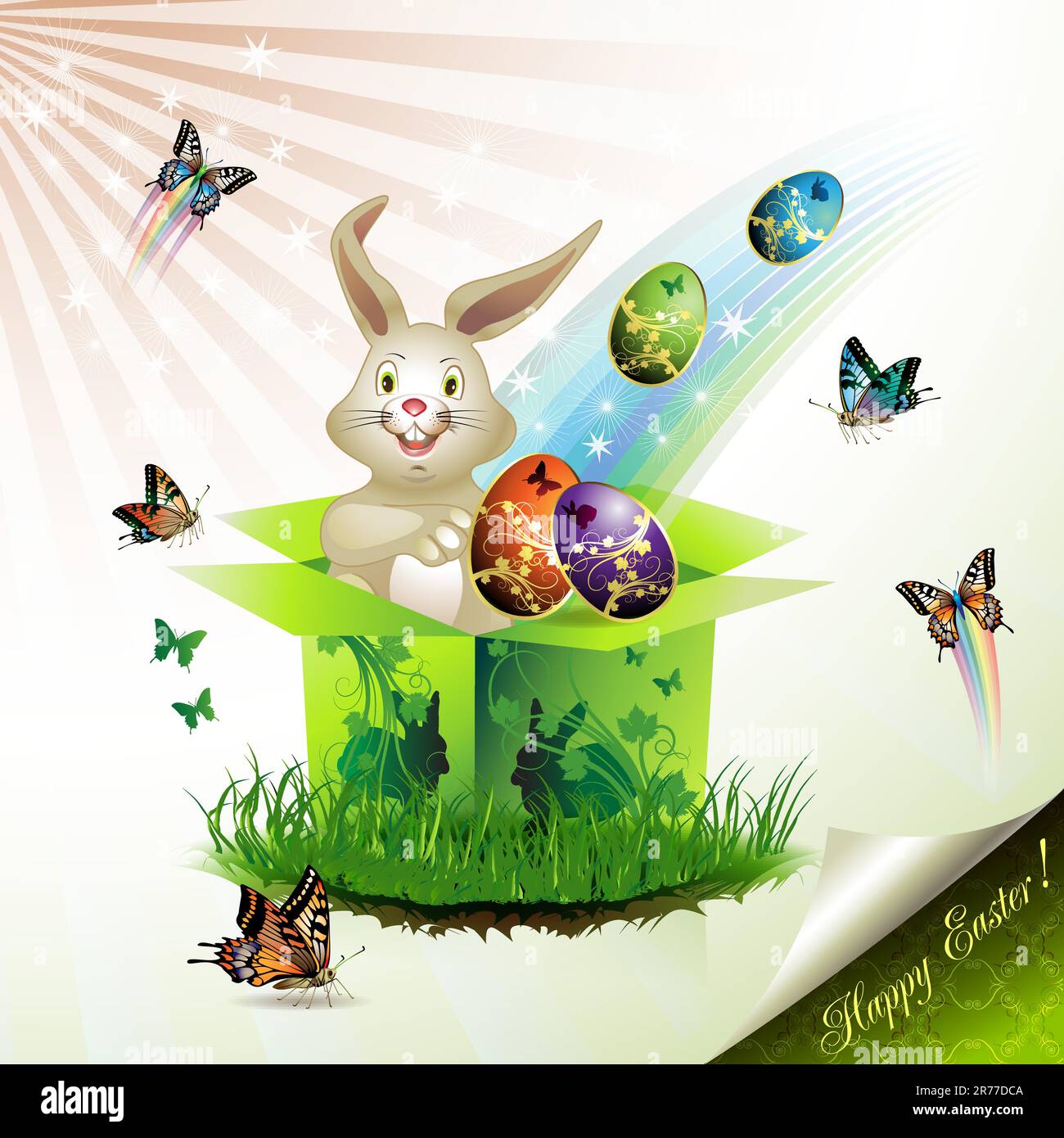 Easter card with bunny in the box with decorated eggs Stock Vector ...
