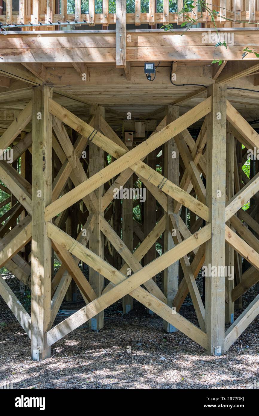 High end camping in tree structure supported by solid wooden piers and ...