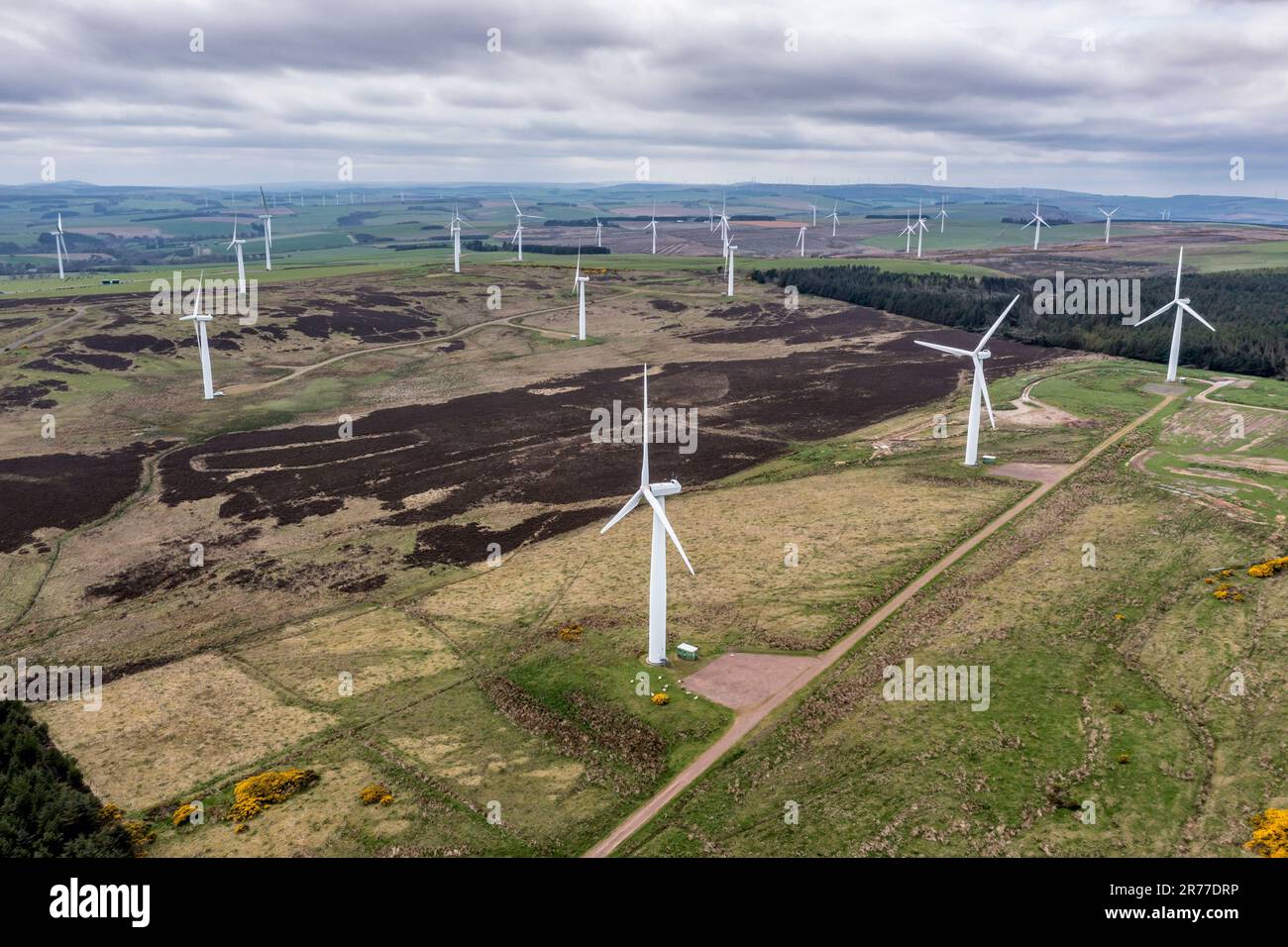 Drone hill windfarm west of St. Abbs, scottish east coast, aerial view ...