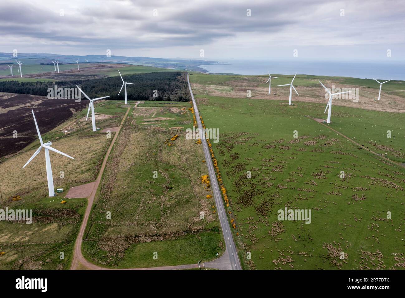 Drone hill windfarm west of St. Abbs, scottish east coast, aerial view ...