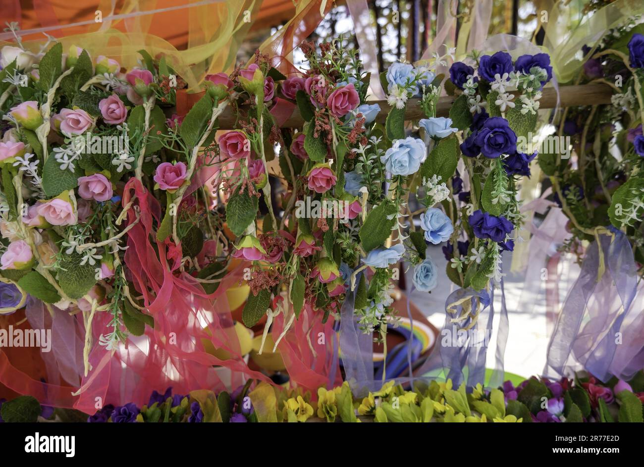 Flower crown in medieval market, crafts and fashion Stock Photo - Alamy