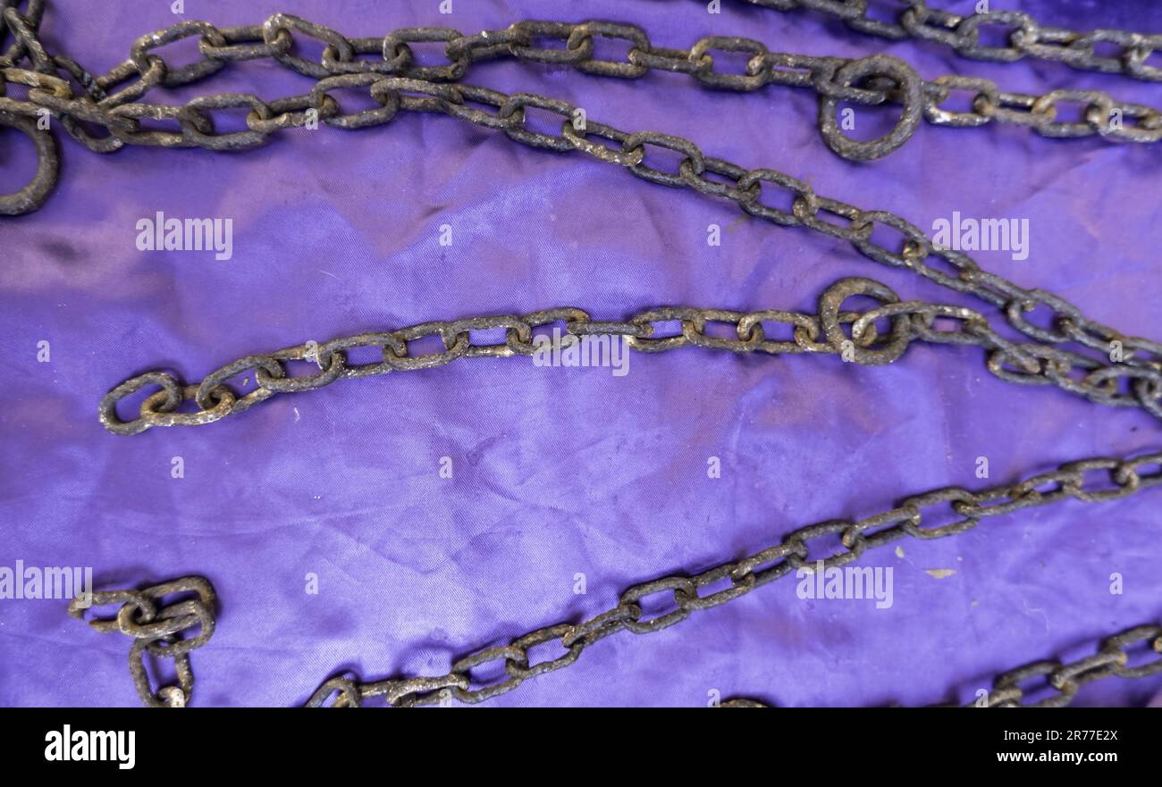 Rusty iron chains, medieval weaponry, inquisition Stock Photo - Alamy