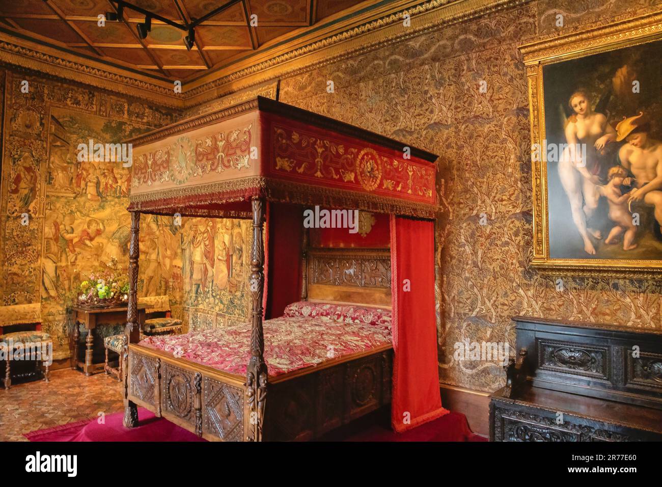 Bedroom of Catherrine de Medici inside Chenonceau castle, Loire Valley ...