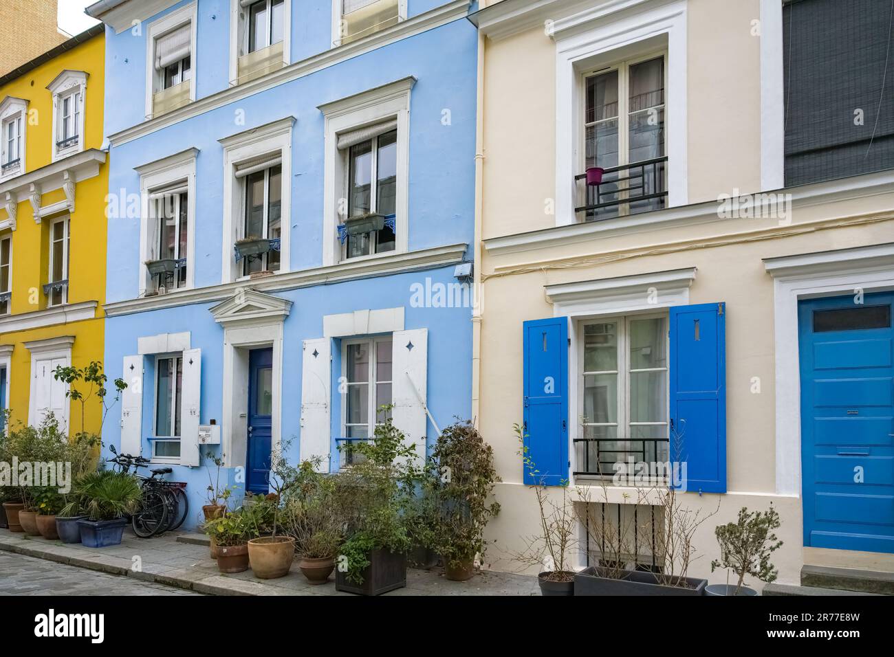 Paris, colorful houses rue Cremieux, typical street in the 12e ...