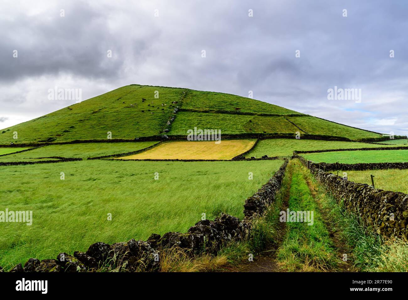 Ancient volcano surrounded by farmland parceled for agriculture in ...