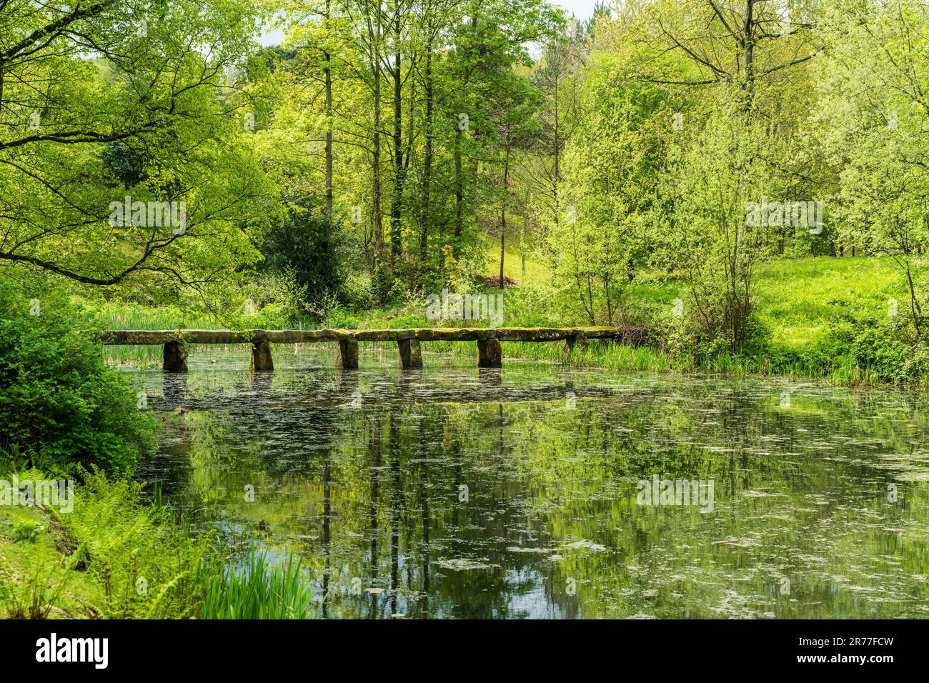 Old stone slab granite bridge across a pond or calm lake in English ...