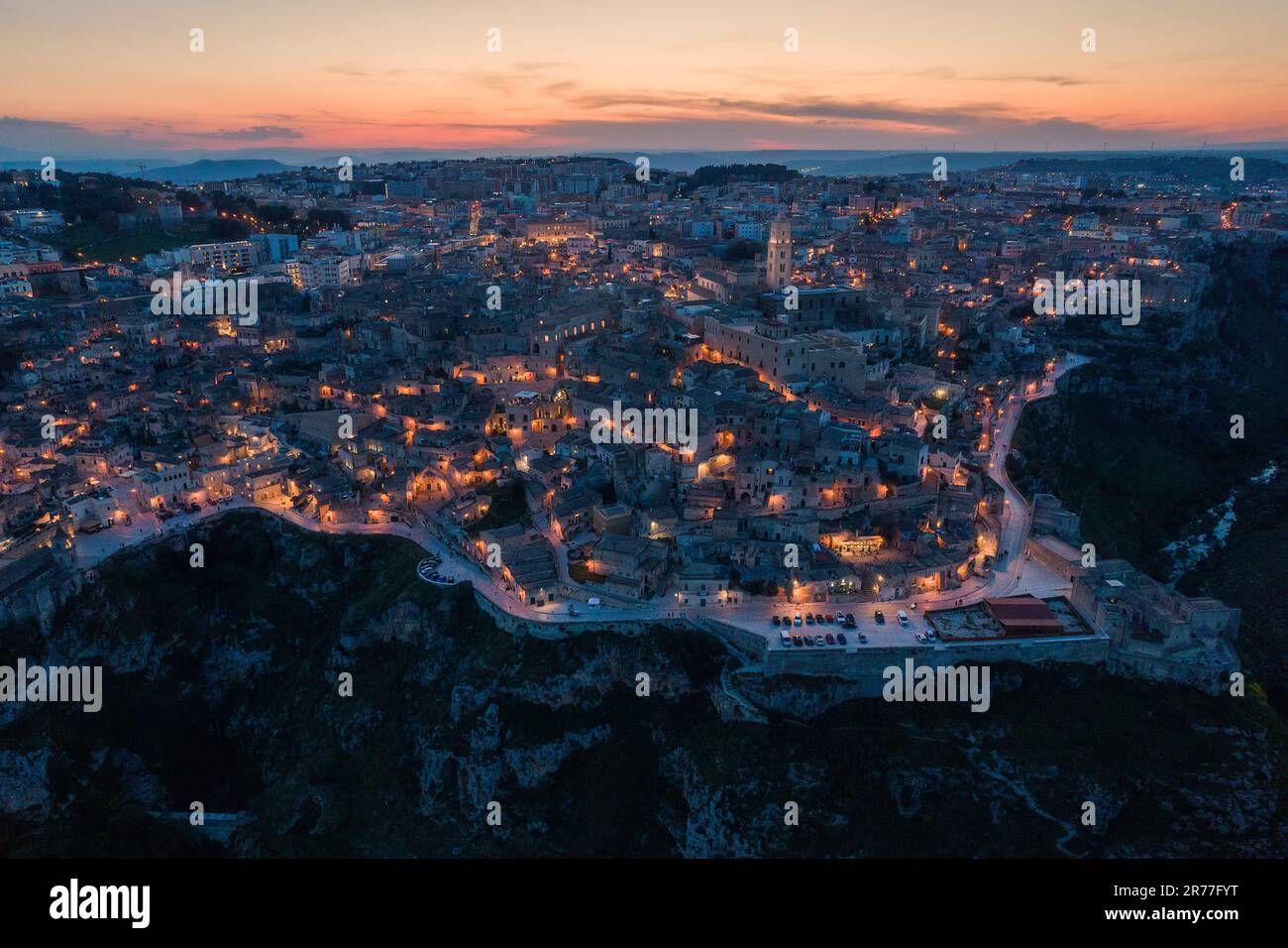 Aerial view of the ancient town of Matera at sunset, Matera, Italy ...