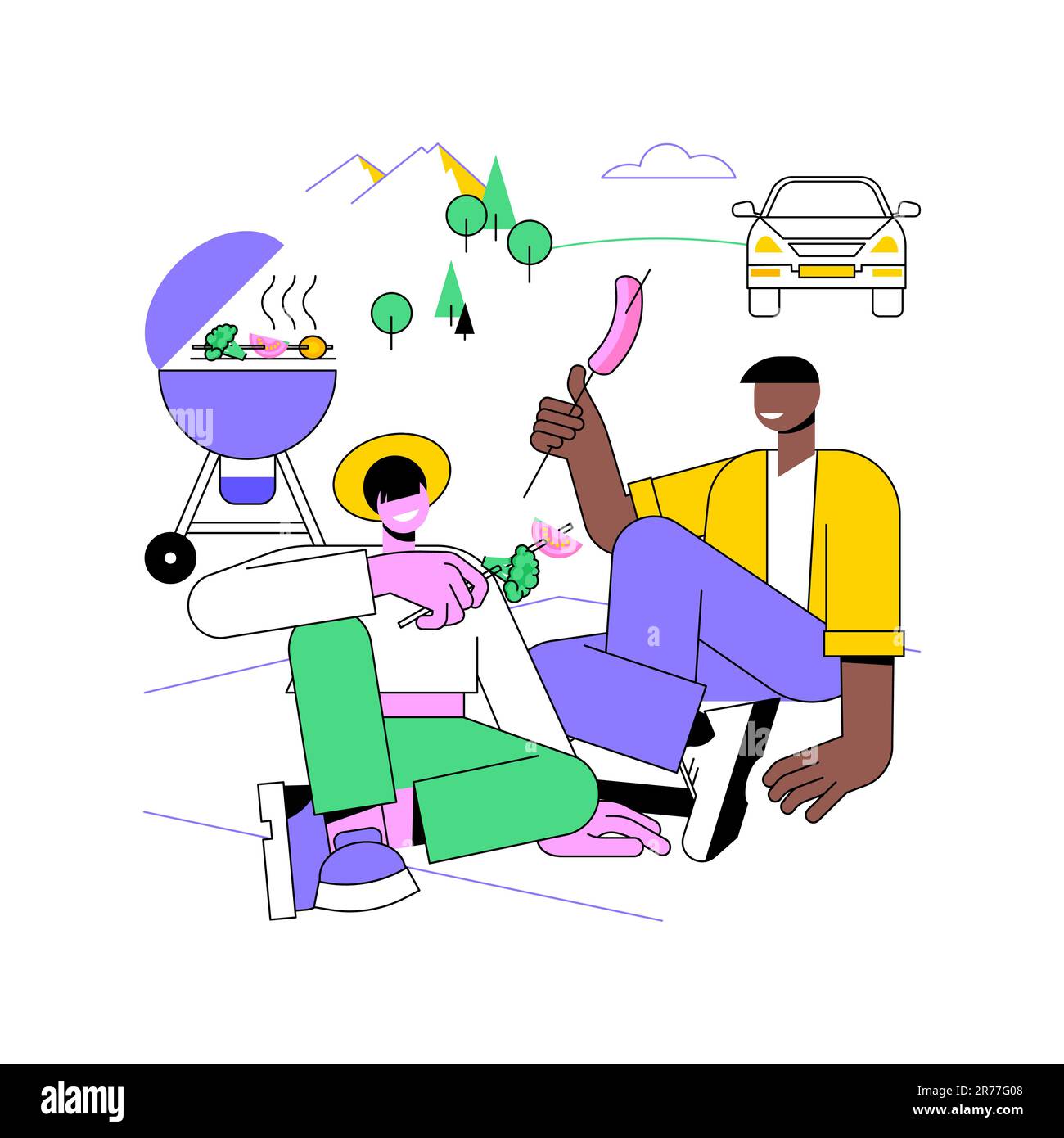 BBQ spot isolated cartoon vector illustrations. Smiling couple spending ...