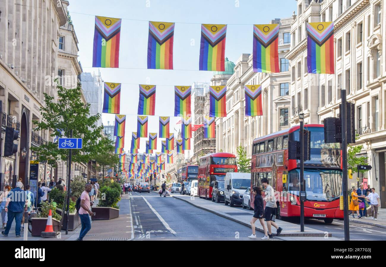 Pride flags decorate Regent Street in central London for Pride Month ...