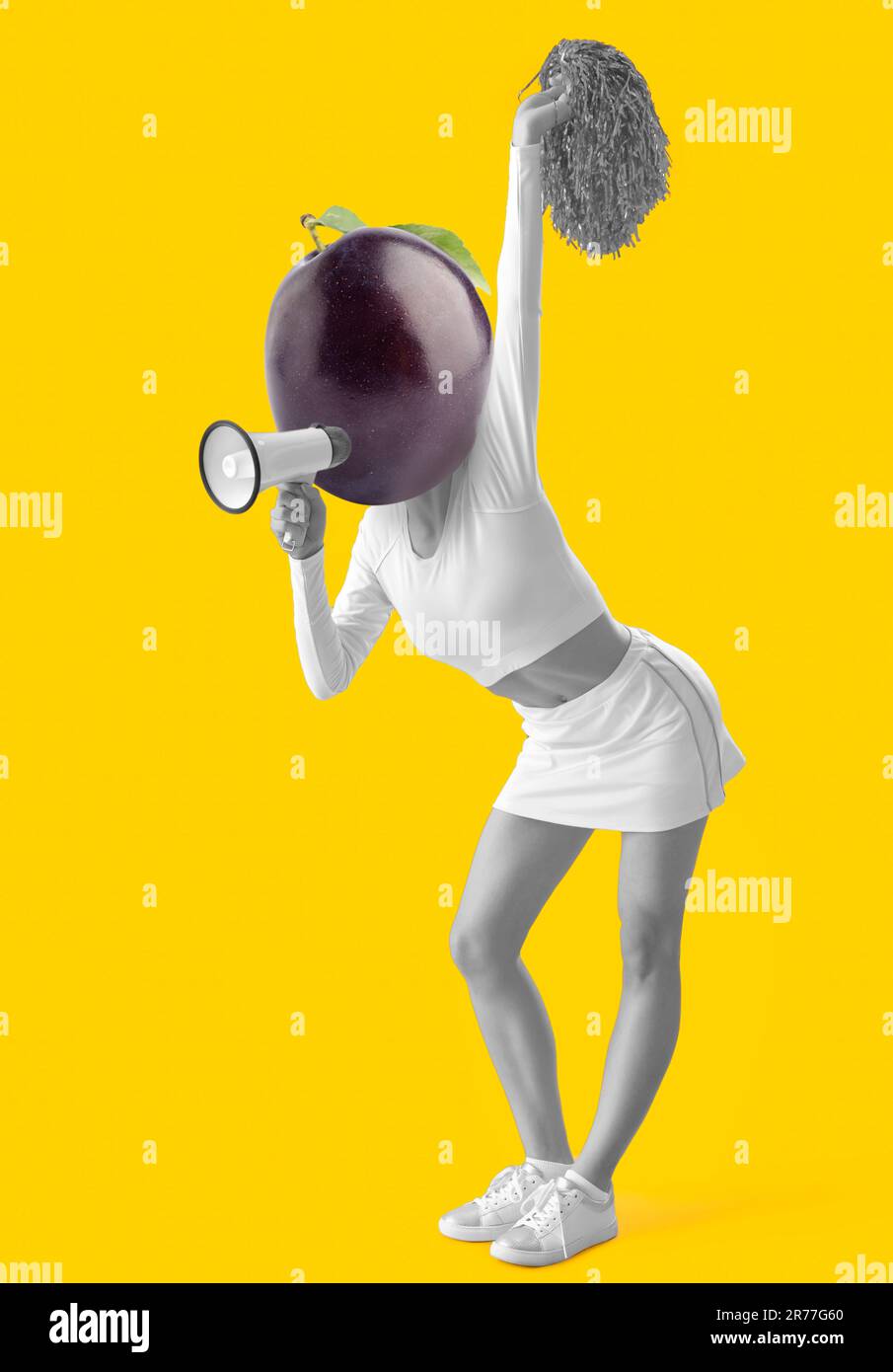 Beautiful cheerleader with megaphone and ripe plum instead of her head ...