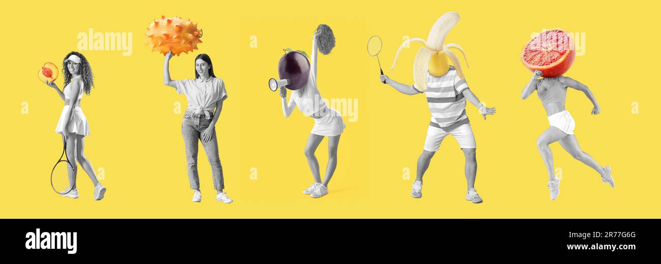 Set of active people with ripe fruits on yellow background Stock Photo ...