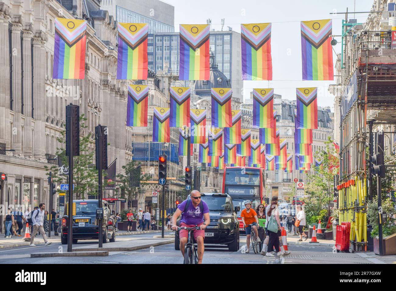 London, UK. 13th June, 2023. Pride flags decorate Regent Street in ...