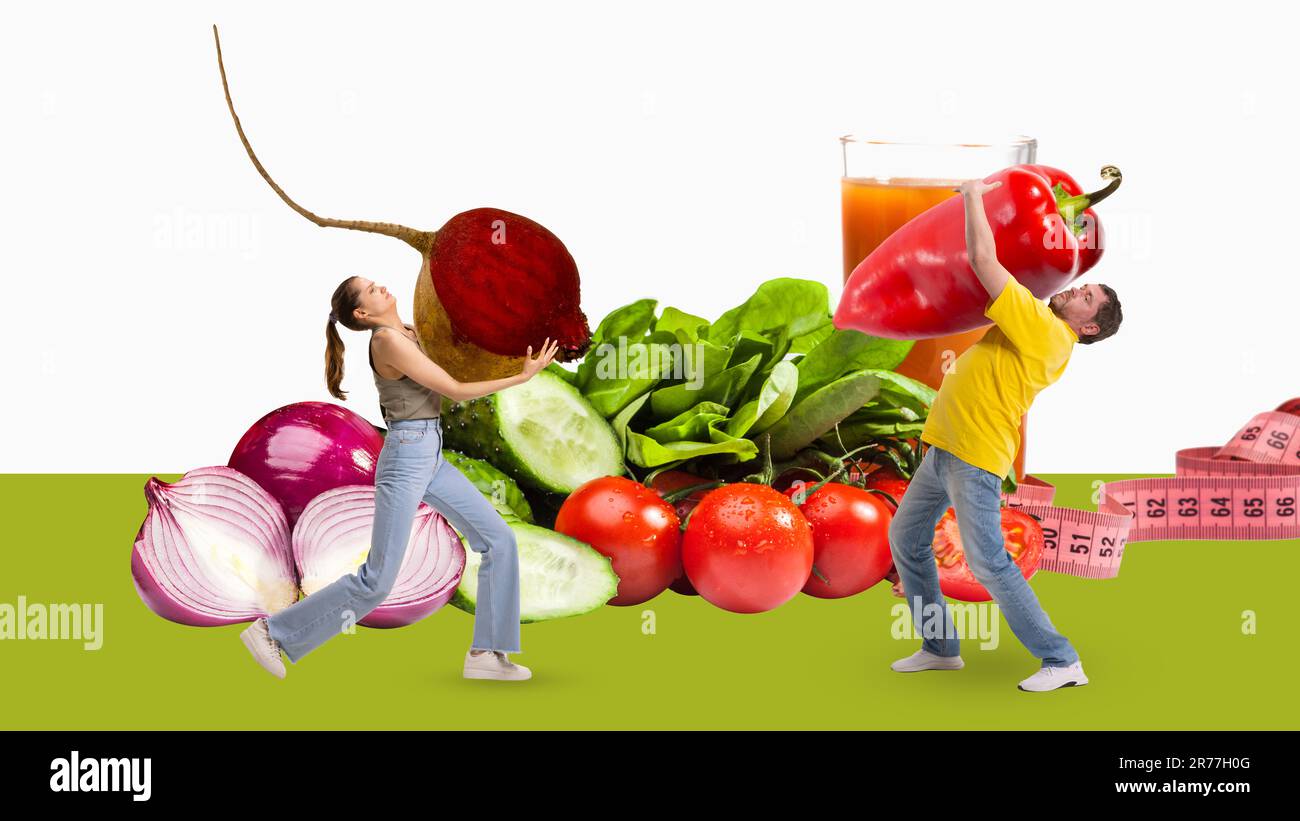 Weight-loss. Young people, man and woman eating different vegetables ...
