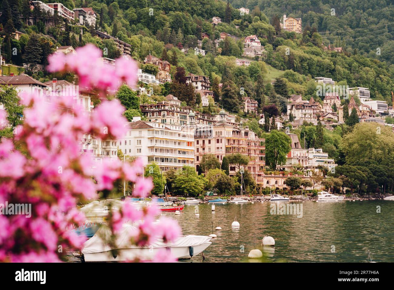 Spring landscape of Montreux city, Lake Geneva, Switzerland Stock Photo ...
