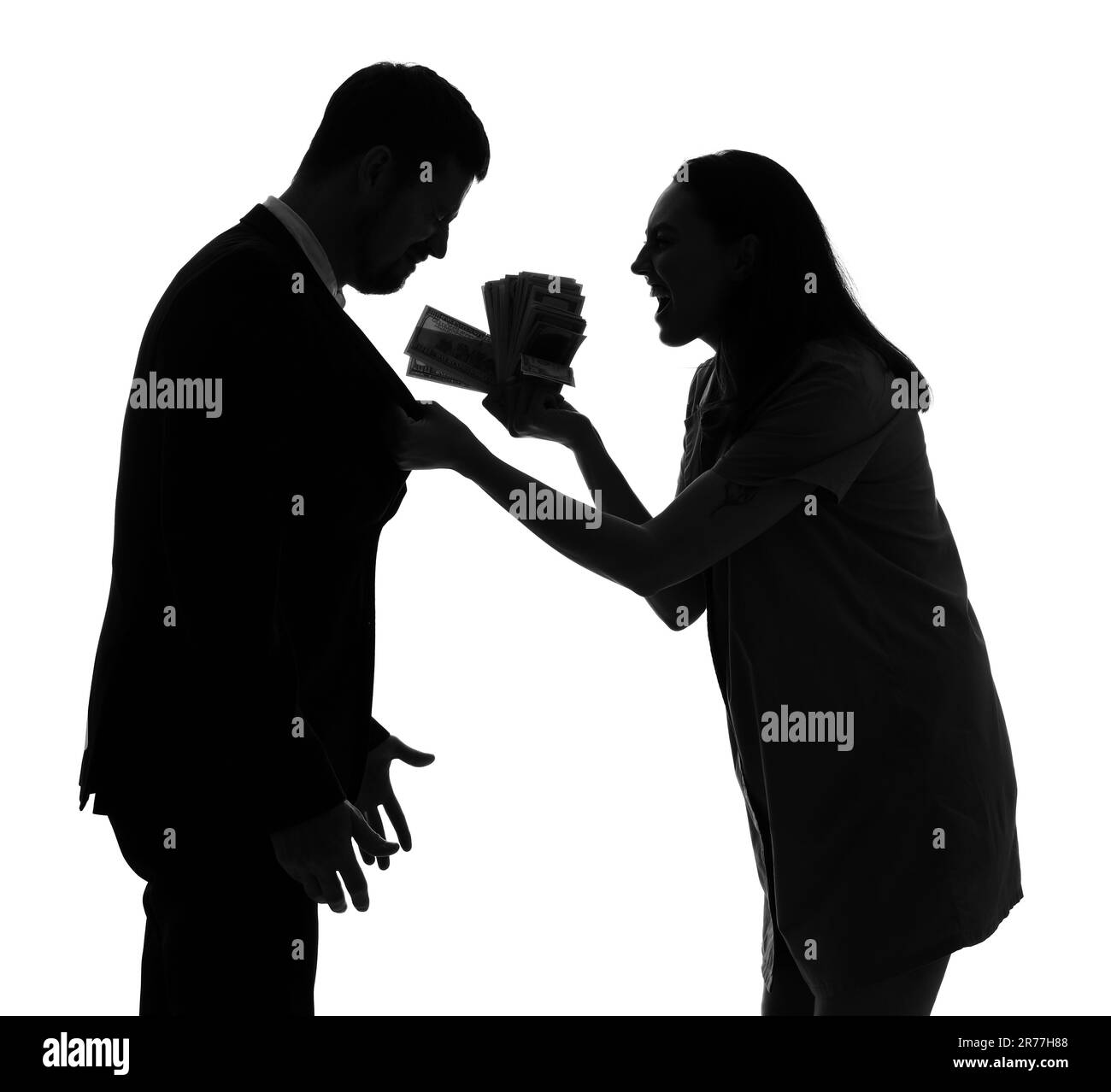 Silhouette of angry woman with money and her husband on white ...