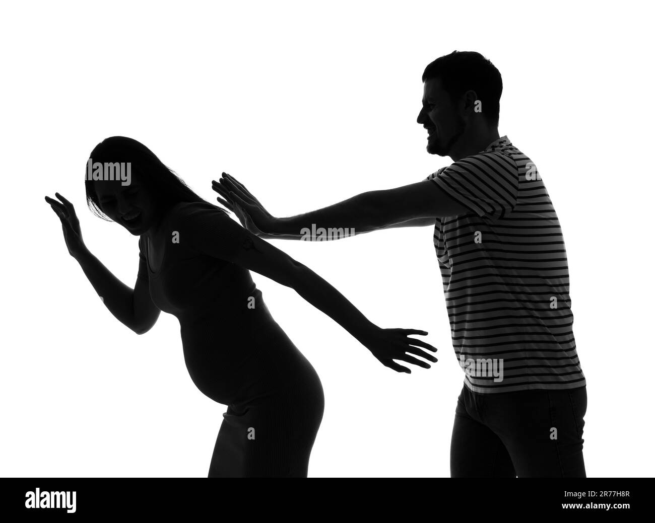 Silhouette of man beating his pregnant wife on white background ...