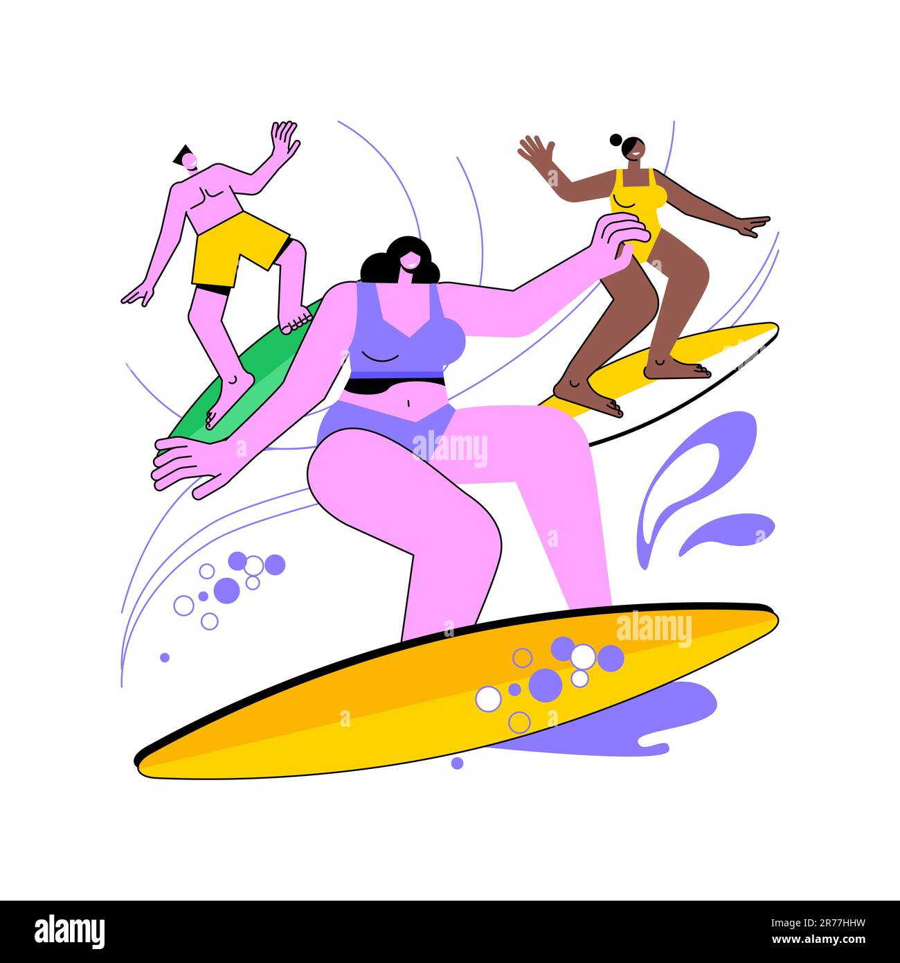 Surfing together isolated cartoon vector illustrations. Group of young ...