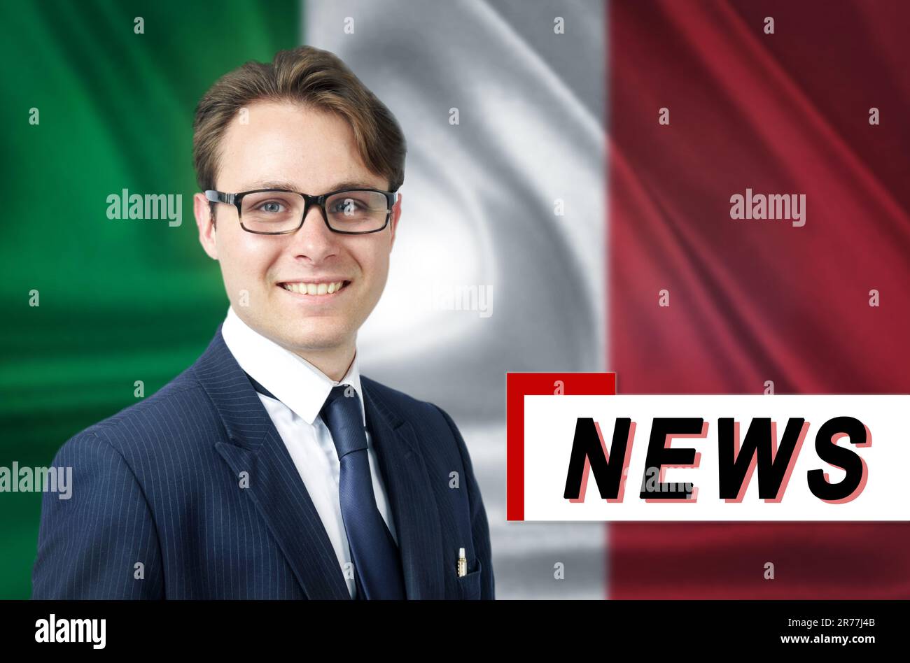 News anchor, tells the latest news, smiling, against the background of ...