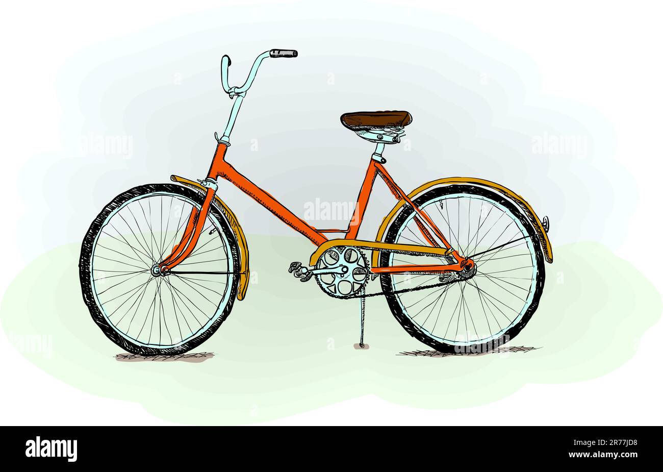 Old-fashioned red bicycle - rough color vector illustration Stock ...
