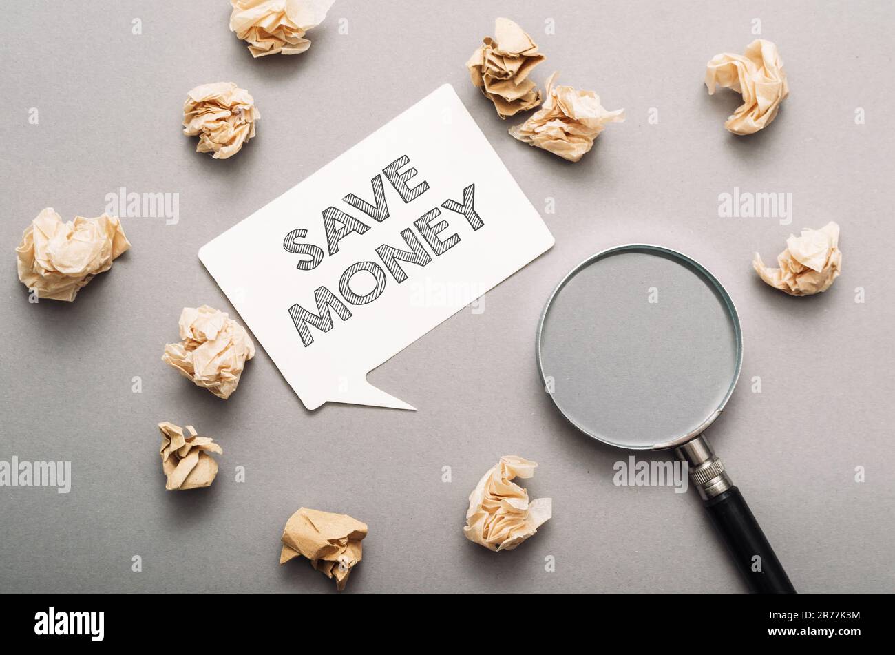 speech bubble on gray background with notes and text save money Stock ...