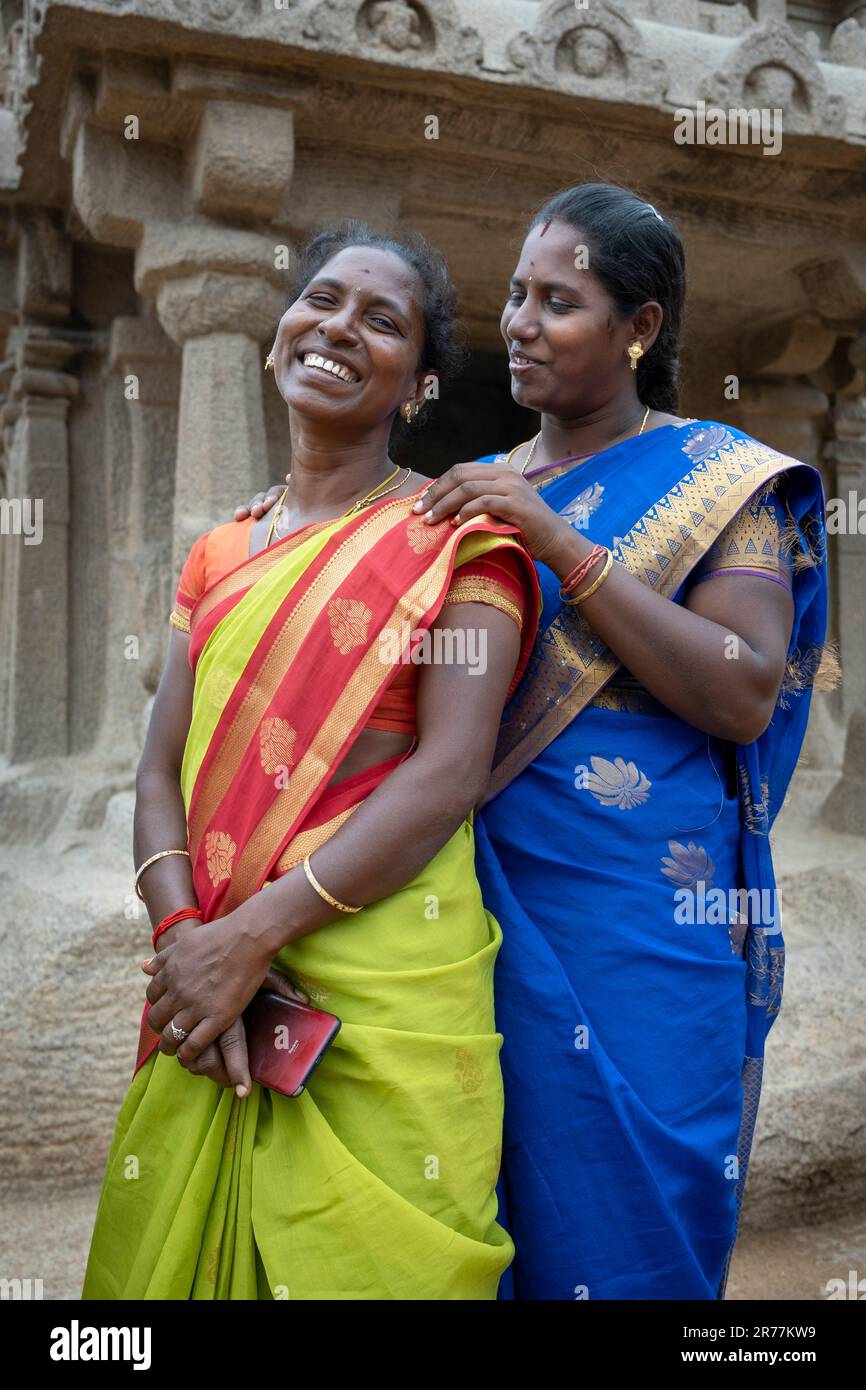 Best friends in Saris visit Mandapas Hindu Temple, Mahabalipuram, Tamil ...