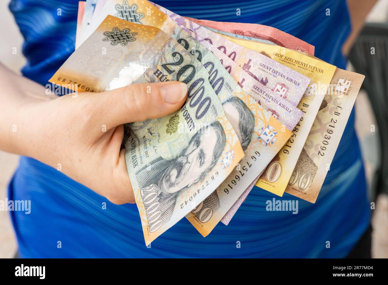 Hungary money, Forint banknotes, Woman holds Hungarian currency in hand ...