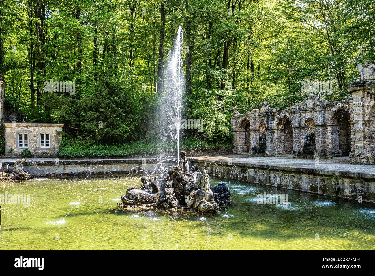 Fountain in the Low Grotto pond in the park of Historical Hermitage ...