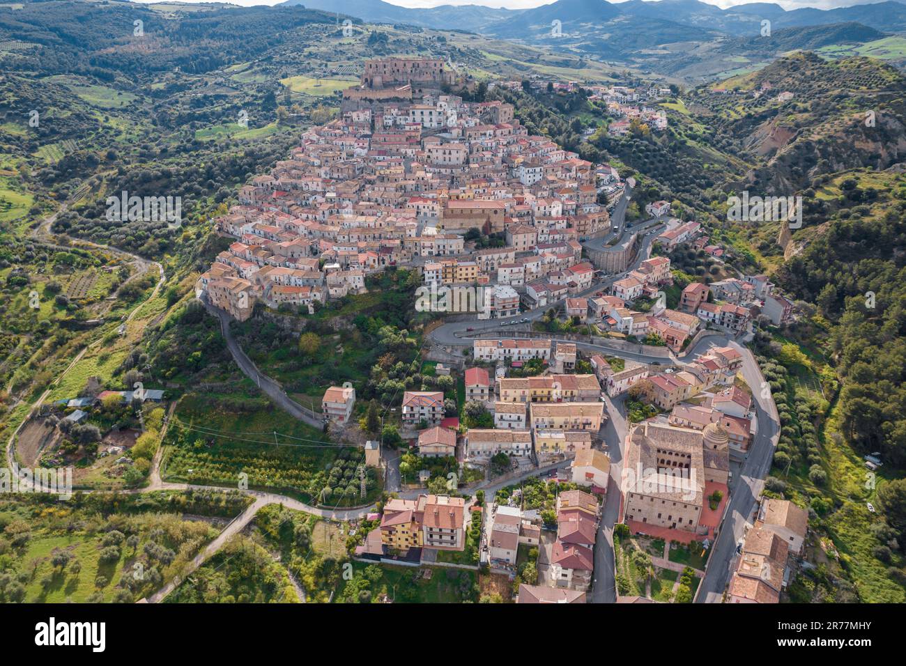 Aerial view of Italian hilltop town, Rocca Imperiale at dusk in the ...