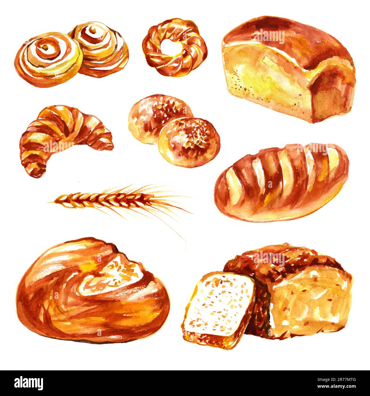 Hand drawn watercolor bread set, isolated on white background ...