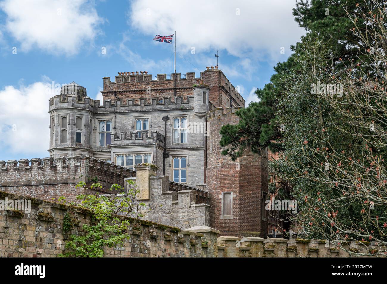 Brownsea Castle Hotel flying the union Jack, Dorset, England Stock ...