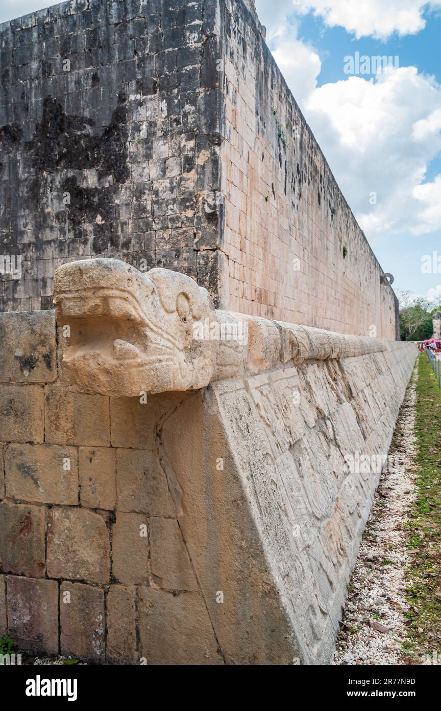 Maya statue representing a snake on a temple in Chichen Itza, one of ...