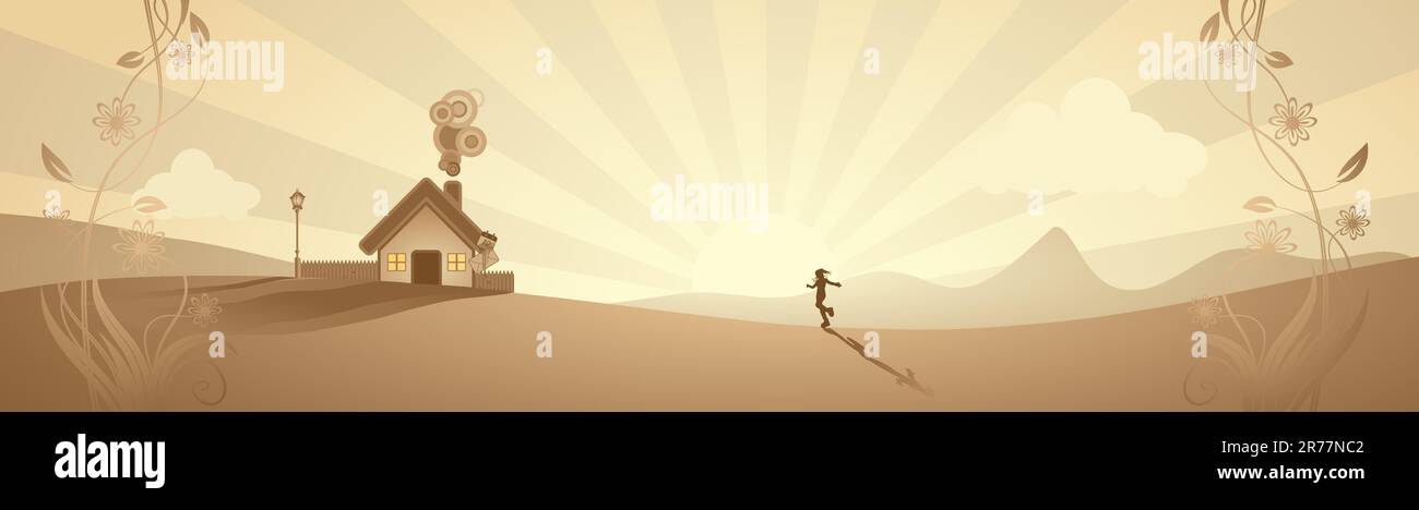 abstract rural landscape scene in sunset, vector illustration Stock ...