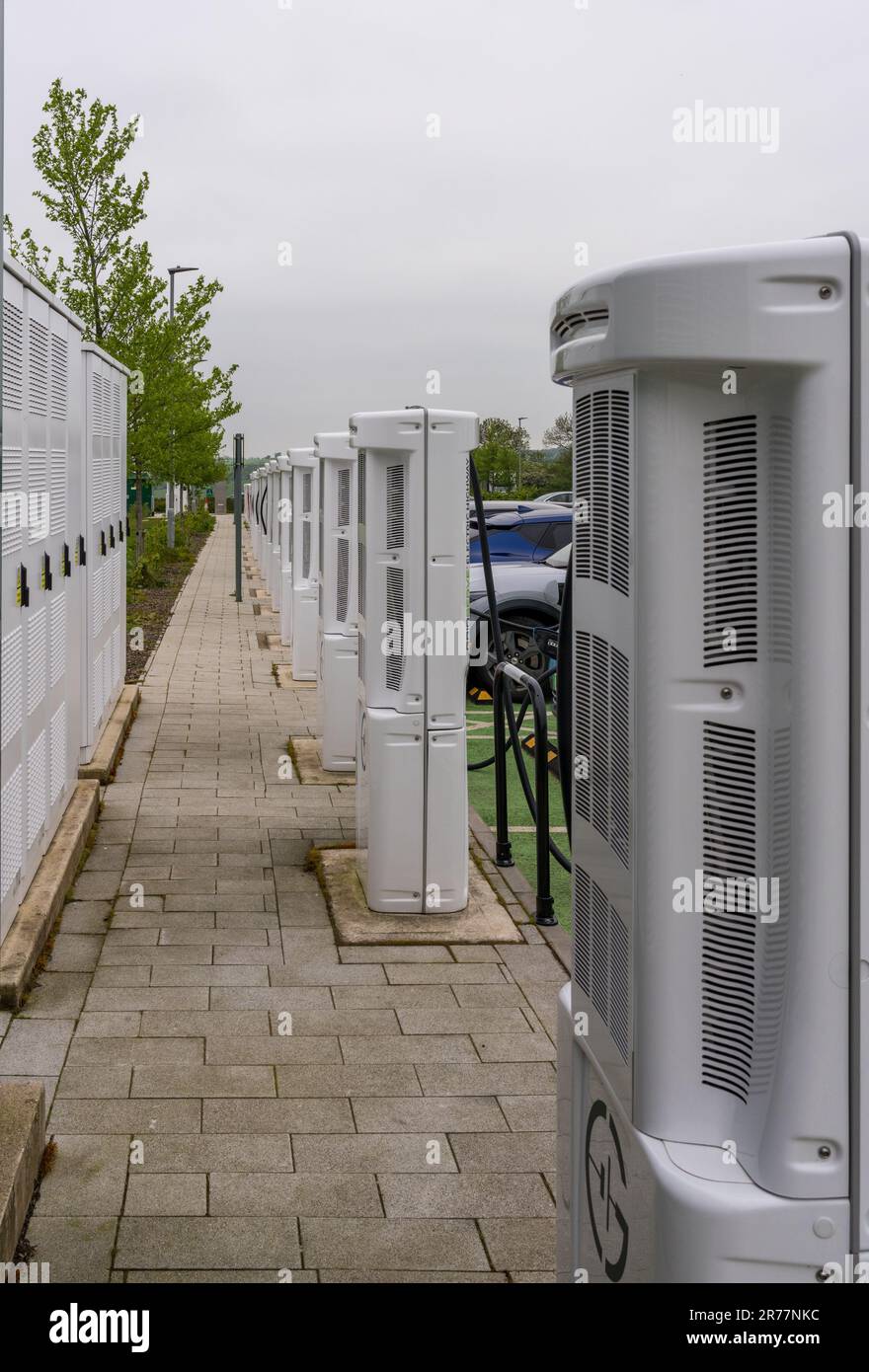 Midlands, UK - 13 May 2023: Rear view of electric car charging points on motorway Stock Photo ...