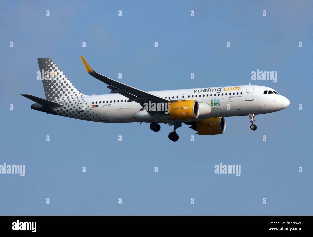 An Airbus A320Neo of Vueling bearing a sticker advertising Asturias ...