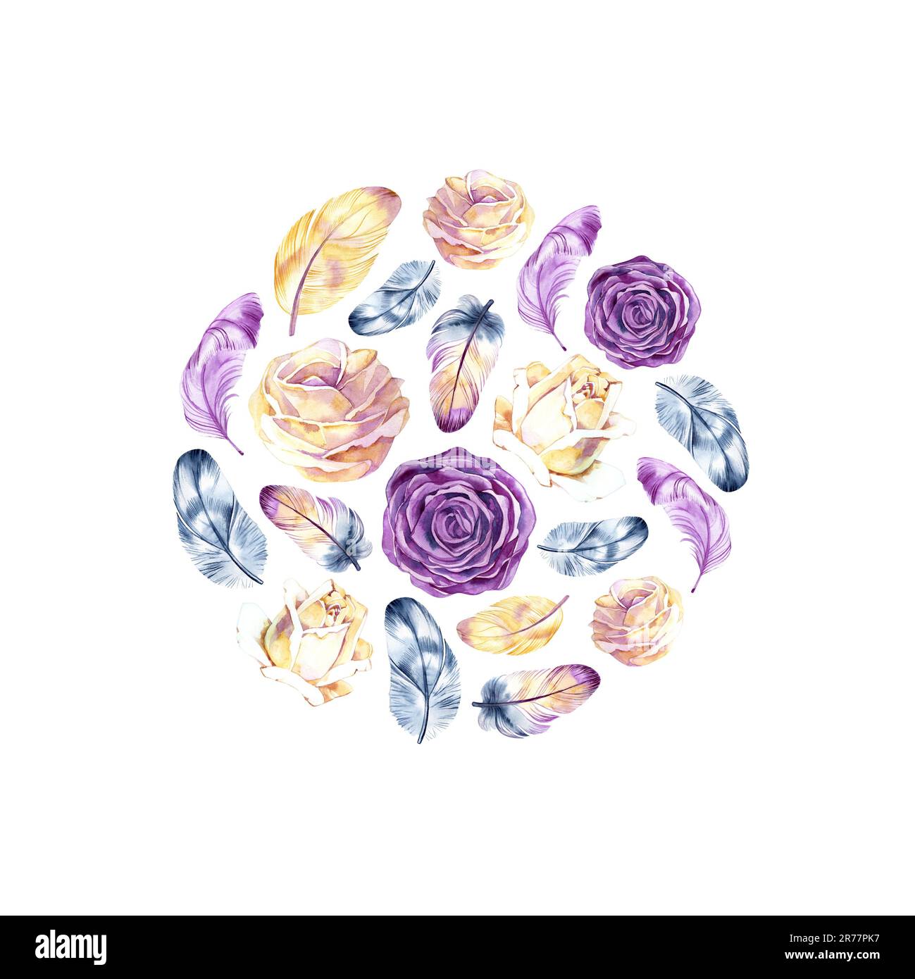 Watercolor boho chic circle with roses and feathers. Hand drawn floral ...