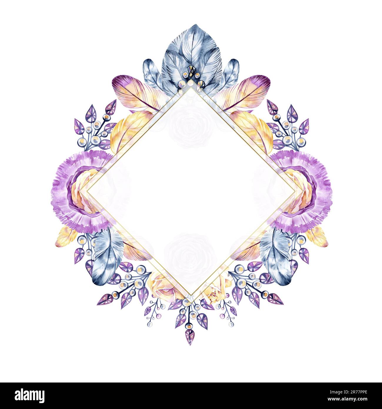 Watercolor boho floral frame. Bohemian natural frame: feathers, flowers ...