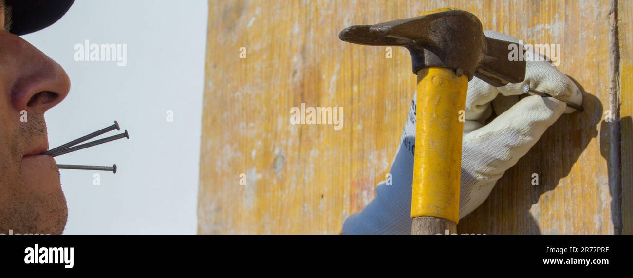 Image of a bricklayer nailing boards with a hammer, holding nails ...