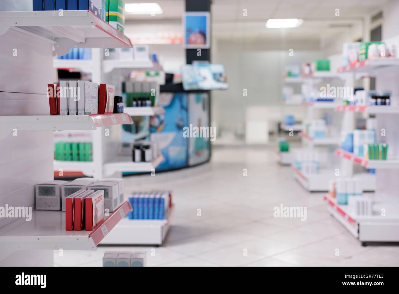Empty drugstore with nobody in it with containers and boxes full with ...