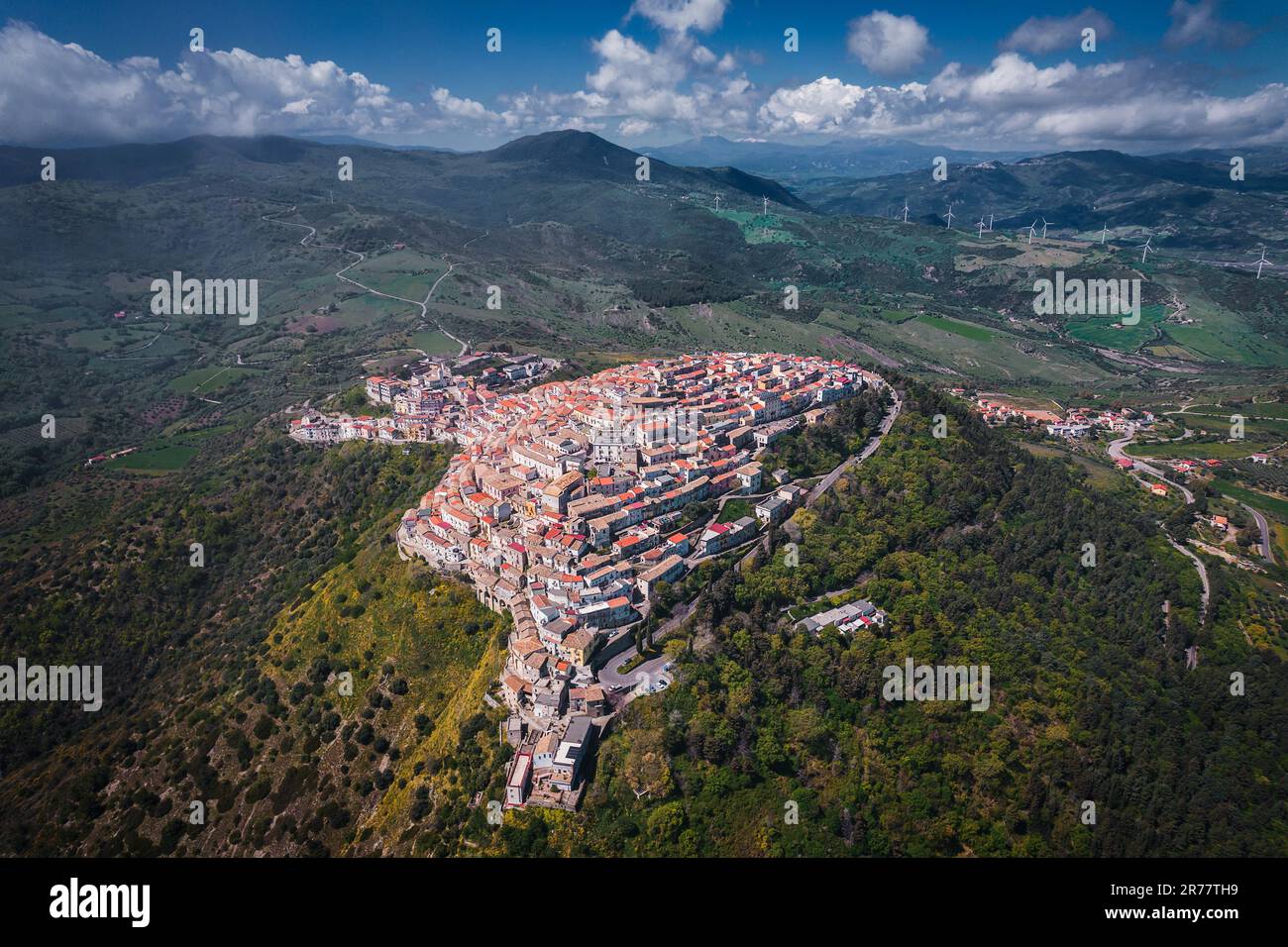 Aerial view of Italian hilltop town, Rotondella at daytime in the ...