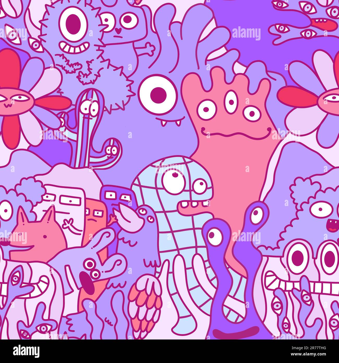 Cartoon monsters seamless funny aliens and rabbit and cactus and flower ...