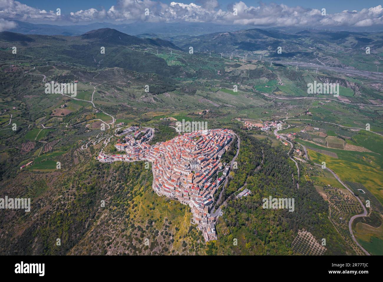 Aerial view of Italian hilltop town, Rotondella at daytime in the ...