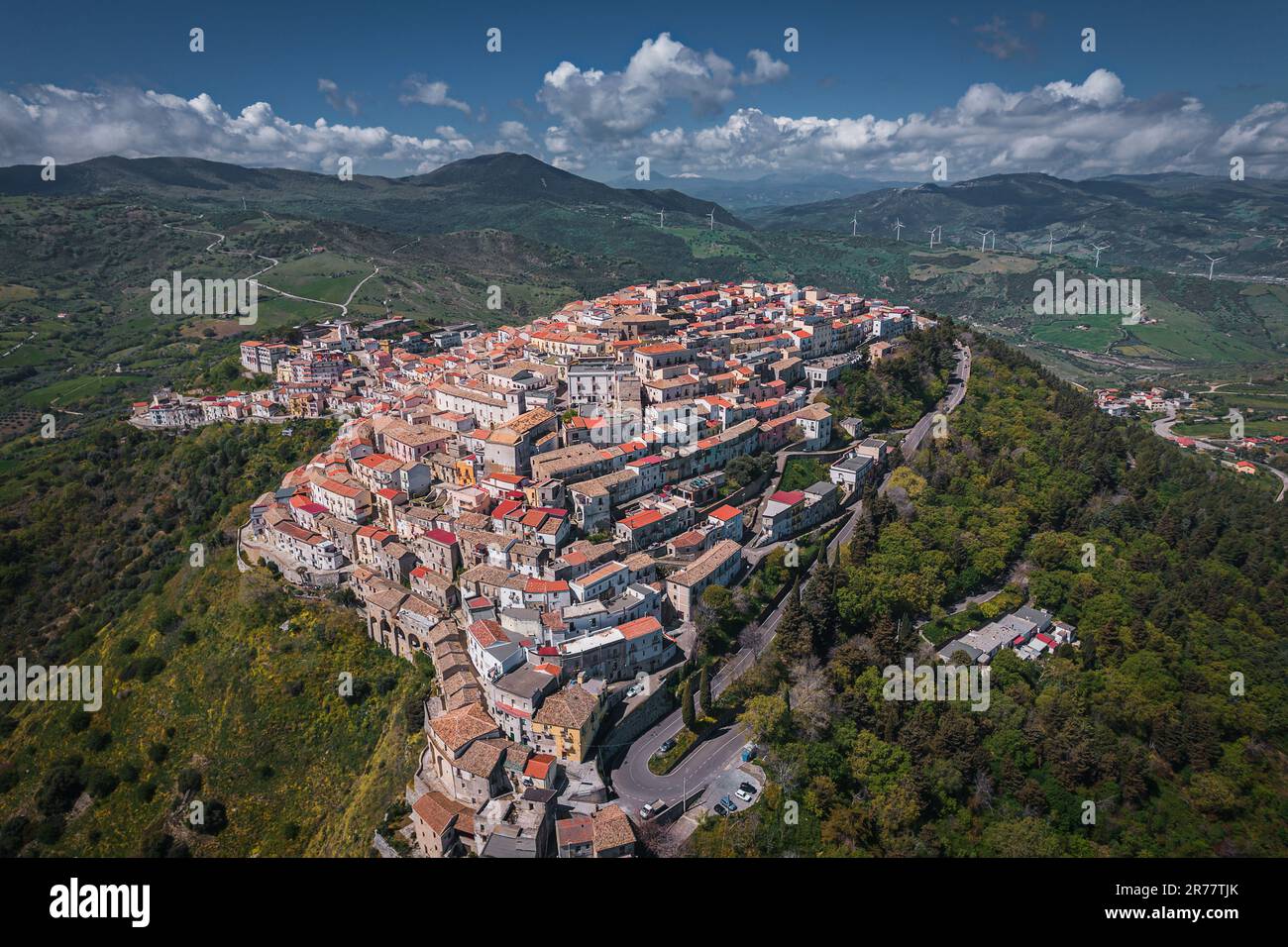 Aerial view of Italian hilltop town, Rotondella at daytime in the ...