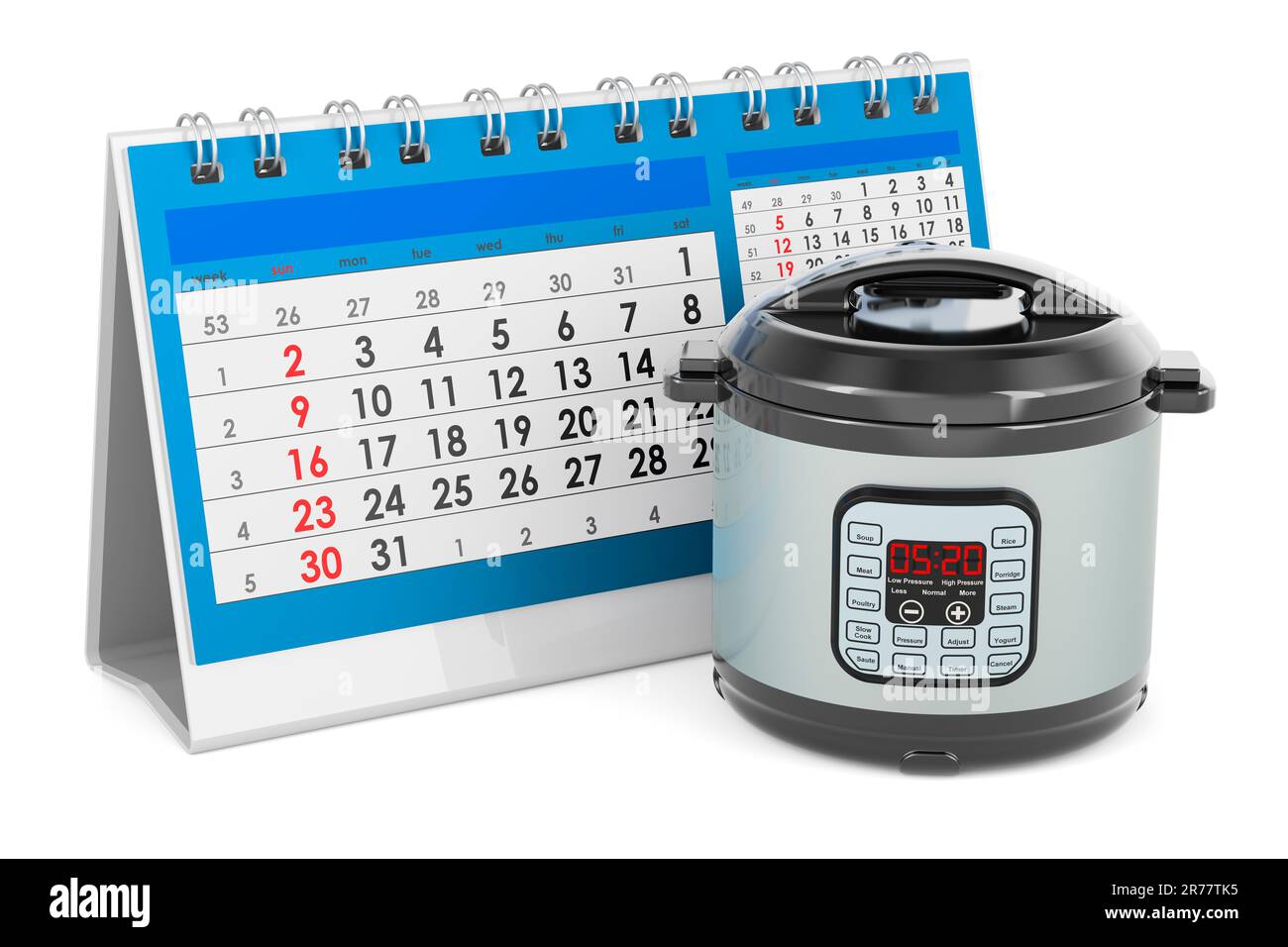 Automatic Multicooker with desk calendar. 3D rendering isolated on ...