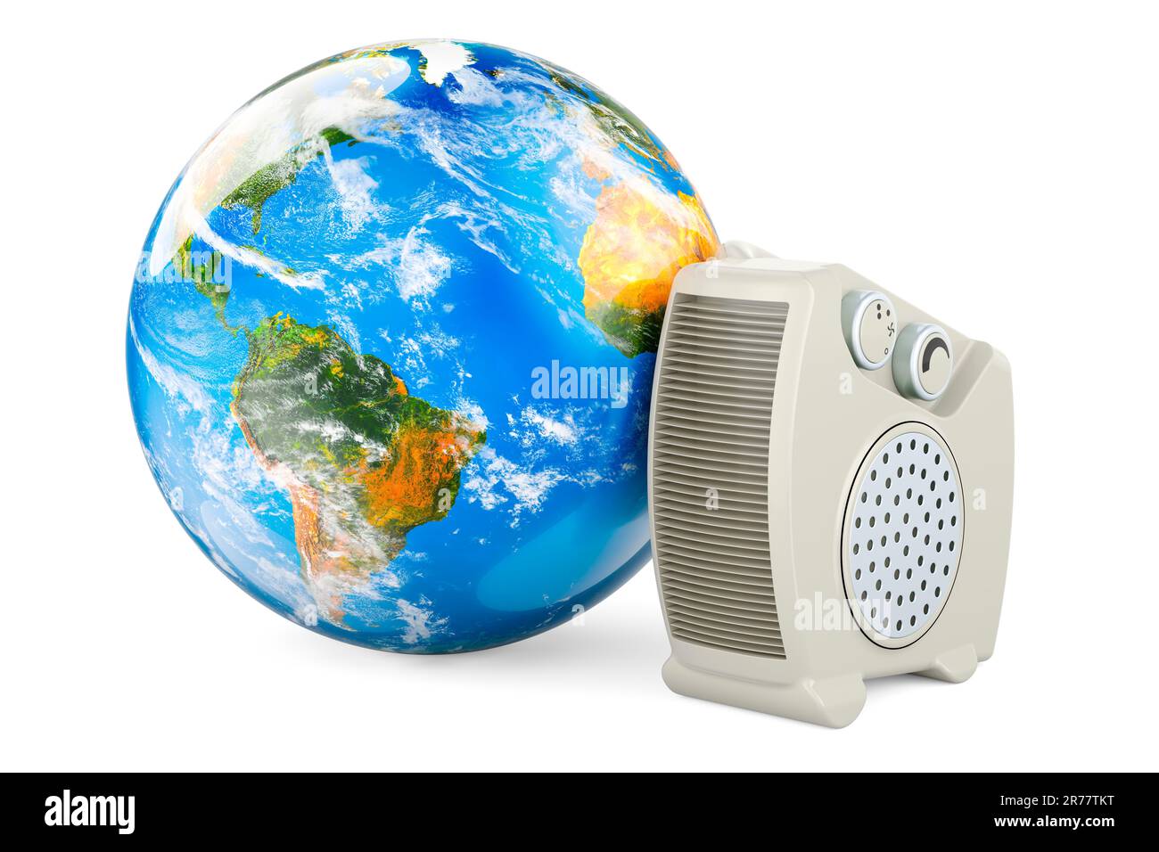 Fan heater with Earth Globe. 3D rendering isolated on white background ...