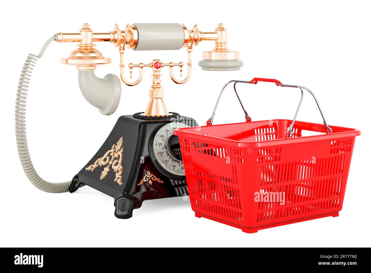 Old-fashioned phone with shopping basket. 3D rendering isolated on ...